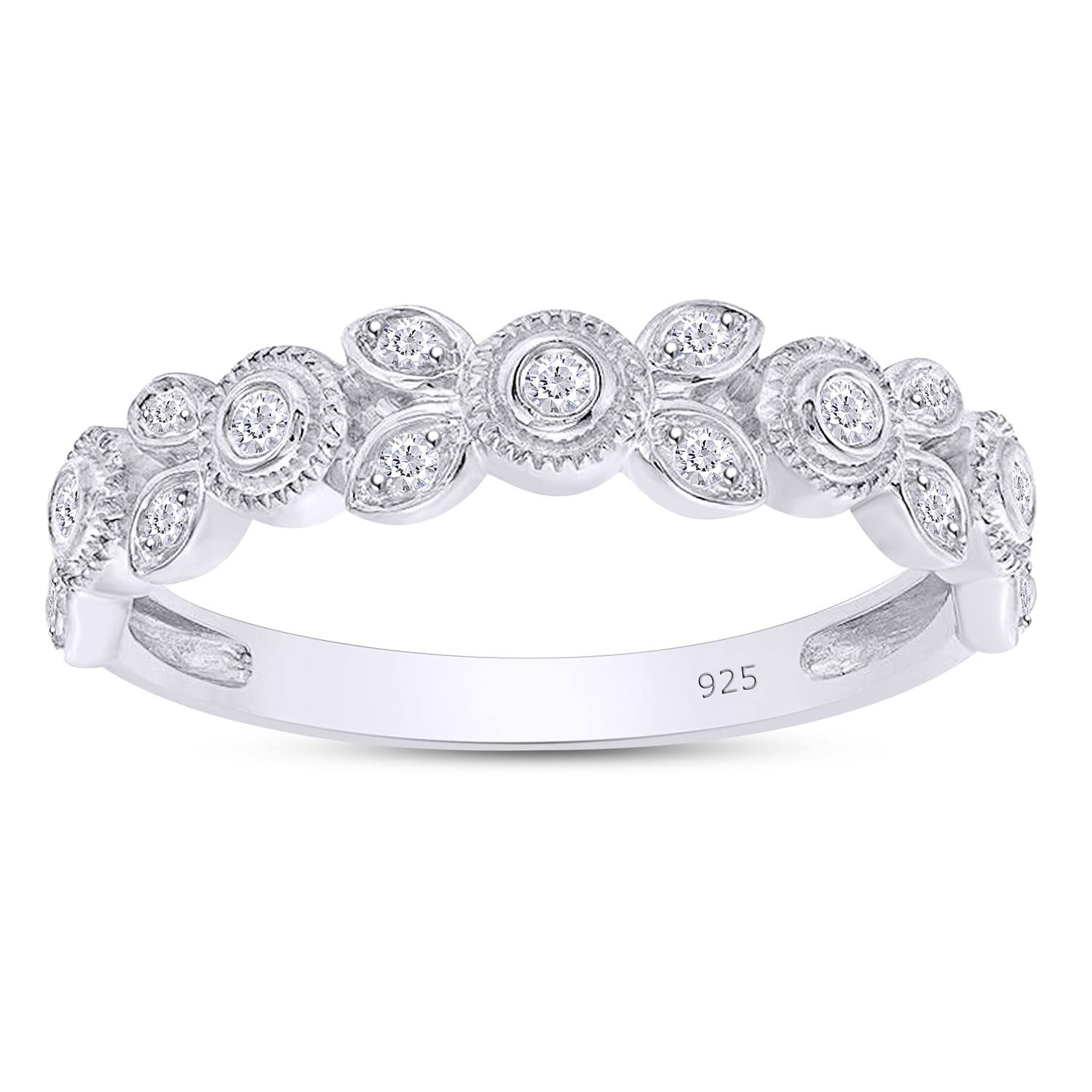 1/10 Carat Round Cut White Natural Diamond Vintage Flower Stackable Wedding Band Ring In 14k White Gold Plated 925 Sterling Silver Jewelry (Clarity : I2-I3, Color : I-J, 0.10 Cttw) Ring Size-5.5