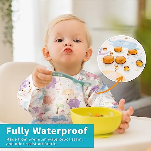3 Pcs Long Sleeved Bib Set | Baby Waterproof Bibs with Pocket Bundle | Toddler Bib with Sleeves and Crumb Catcher | Stain and Odor Resistance Play Smock Apron - Pack of 3 | 6-24 Months