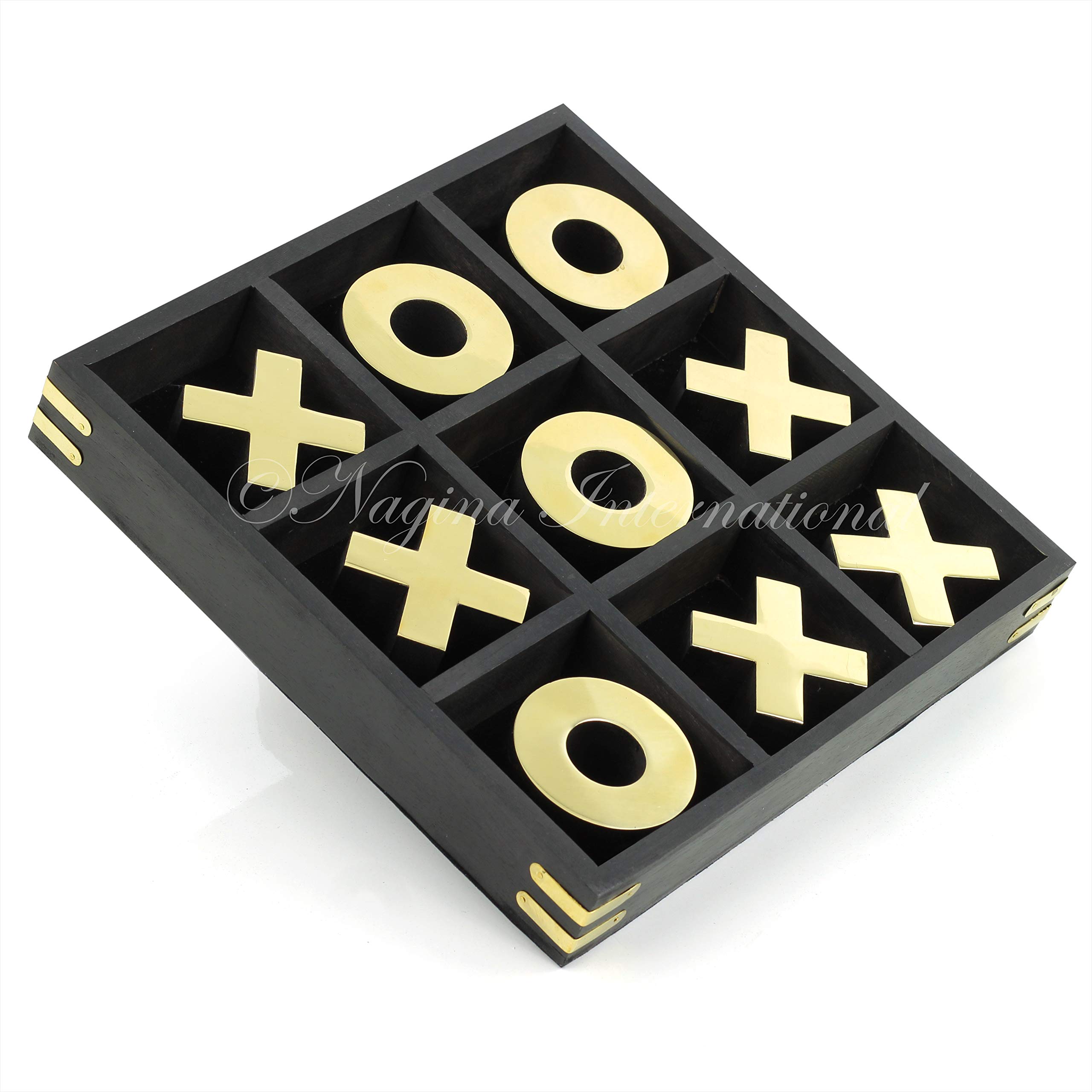 10" Large Elegant Premium Black Tic Tac Toe Board Game | Wooden Puzzle Game | Coffee Table Wooden Decor & Games | Lightweight Gold Plated Pieces