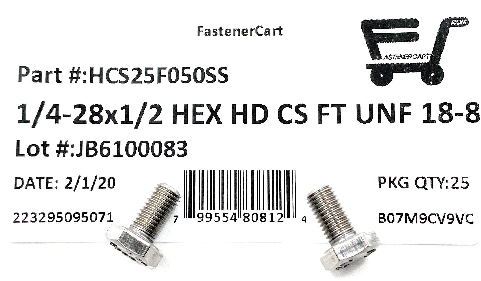 1/4-28x1/2 Stainless Steel Hex Cap Screws FT Hex Bolts 18-8 (UNF) FINE THREAD (25 pcs)