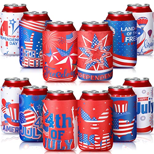 24 Pcs 4th of July Can Cooler Sleeve Independence Day Can Coolers American Flag Patriotic Funny Collapsible Neoprene Insulators for 12 oz Beer Drink Can Bottle Party Supplies
