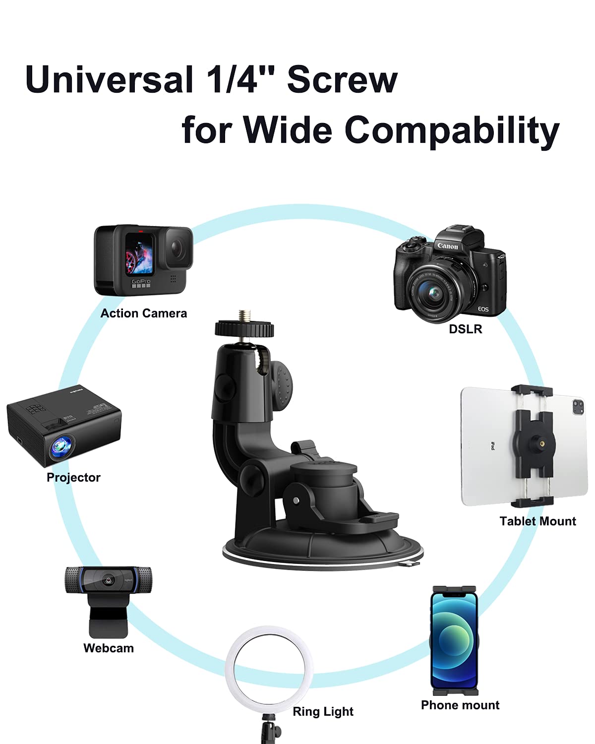 Aozcu Windshield Car Tablet Mount, Window Dashboard Tablet Holder, 95mm Powerful Suction Mount with 1/4'' Screw Tip for iPad Pro 11/ Air/Mini, Galaxy Tabs, More 4-13'' Phone & Tablets, and Camera