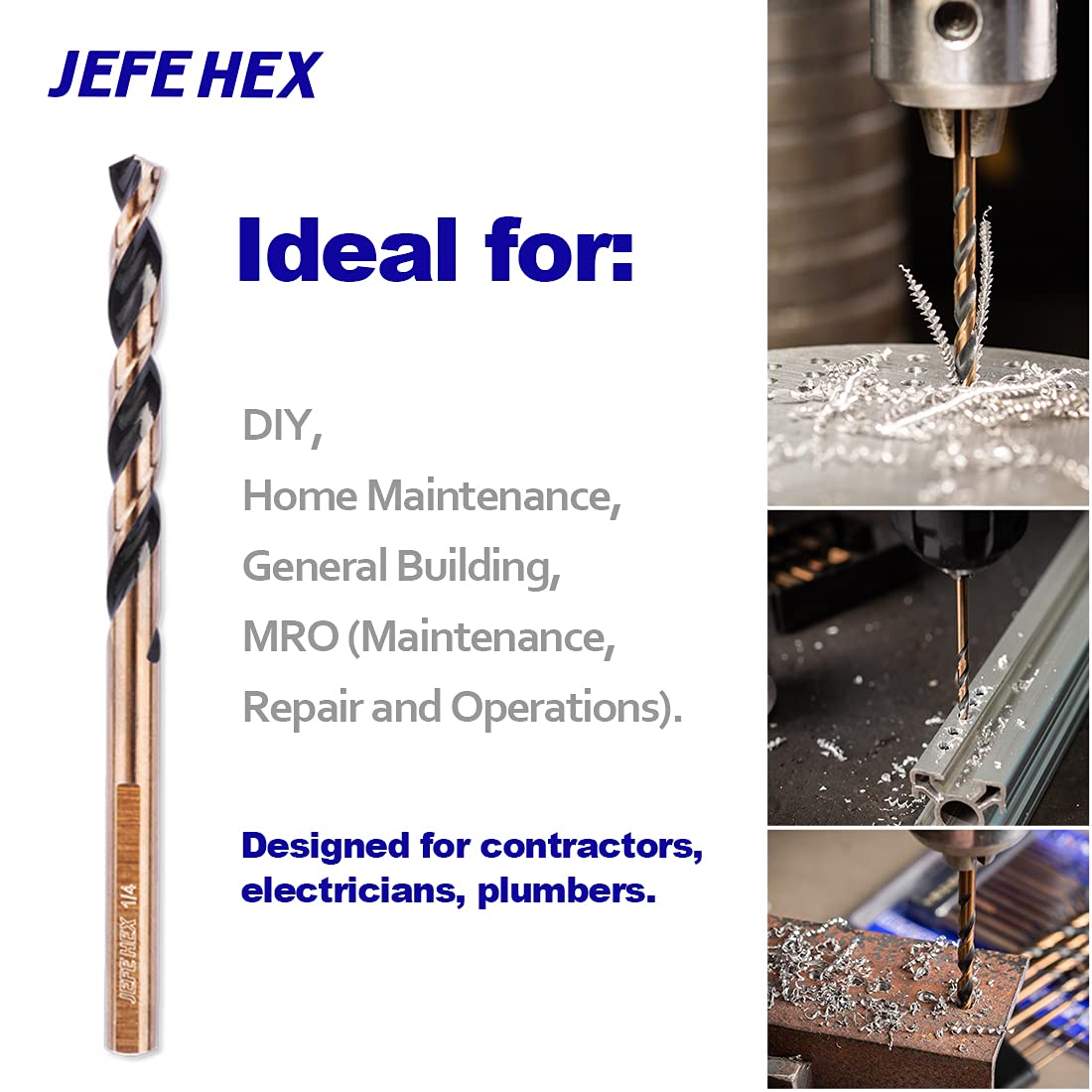 1/4" High Speed Steel Black & Gold Coated Drill Bit, Jobber Length with 3-Flat Shank, 135 Degree Split Point. Ideal for Steel, Wood and Plastics. Suitable for DIY & General Purpose Usage. (3 pcs)