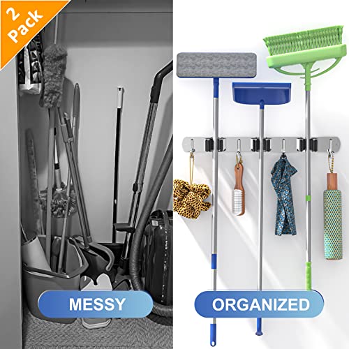 2 Pack Mop Broom Holder Wall Mount, Broom Organizer Mop and Broom Storage Tool Racks Stainless Steel Self Adhesive Wall Hanger for Home Kitchen Garden Laundry Garage by ZONGOOL (3 Racks 4 Hooks)