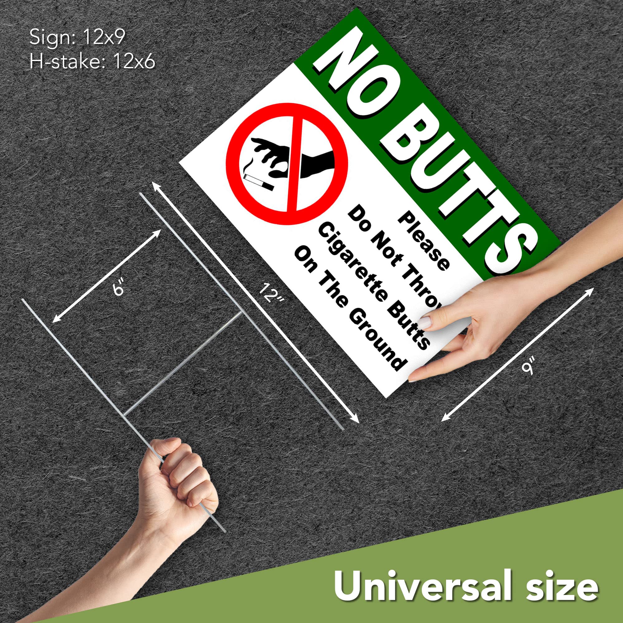 2 PC No Cigarette Butts Signs - 12 x 9 Coroplast No Butts Signage with Stake - No Littering Sign Outdoor - Please Do Not Throw Cigarette Butt Signs