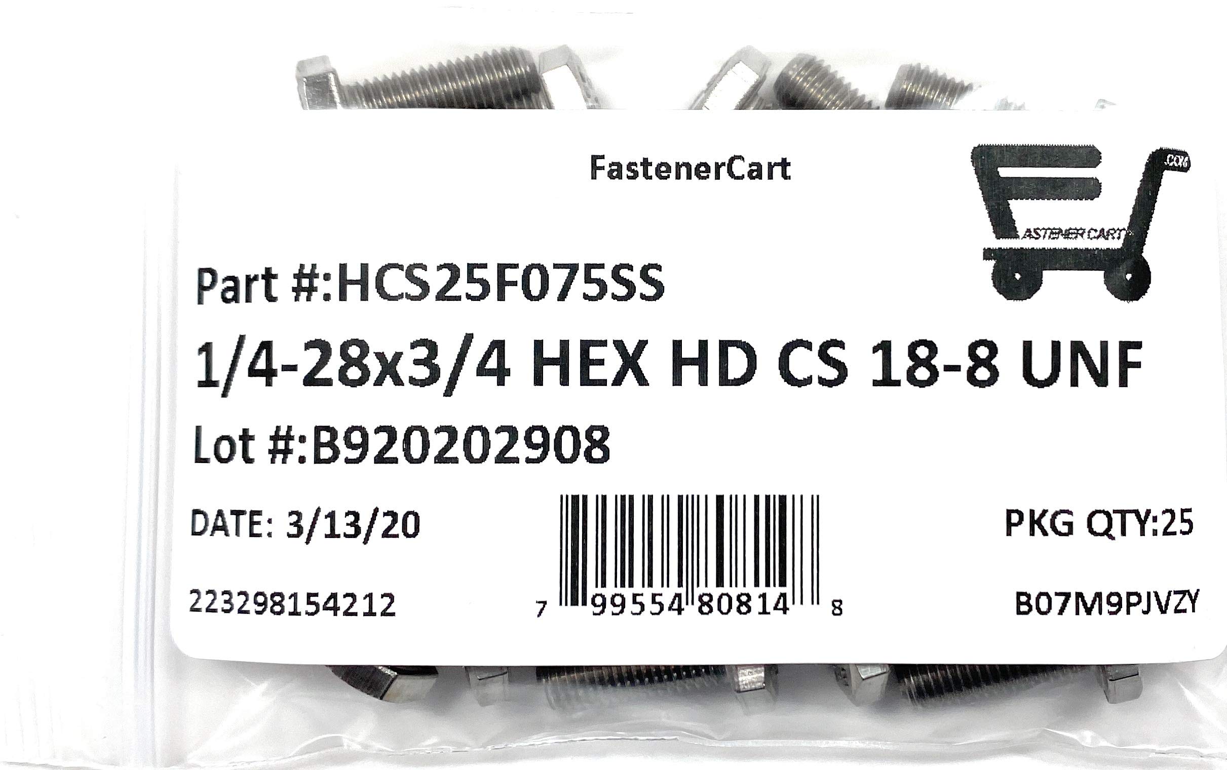 1/4-28x3/4 Stainless Steel Hex Cap Screws FT Hex Bolts 18-8 (UNF) FINE THREAD (25 pcs)