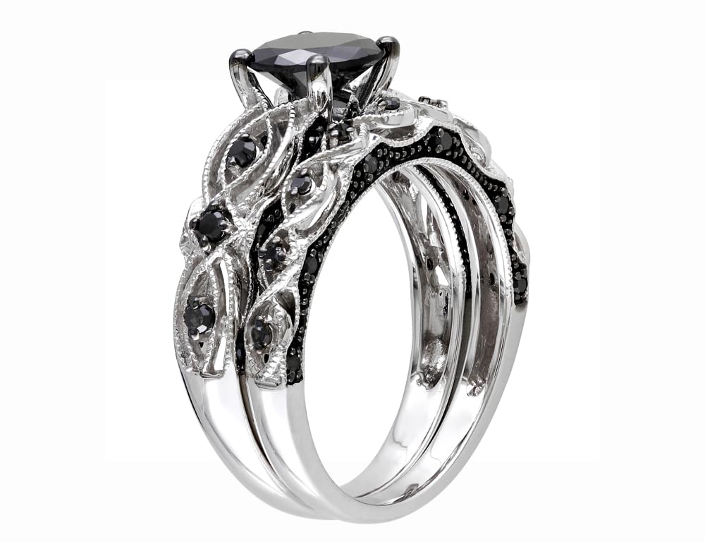 1.39 Carat (ctw) Black Diamond Engagement Ring and Wedding Band Set in 10K White Gold