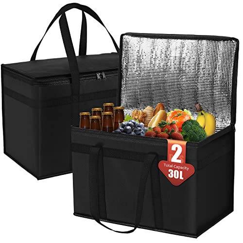 2 Pack X-Large Insulated Bag 30L Cooler Bags Insulated for Travel Pizza Bag Food Delivery Bag Insulated Reusable Grocery Bags Warm & Cooler Bags for Food & Grocery Hold for 1.5H（15.7W x 13H x 9.1D）