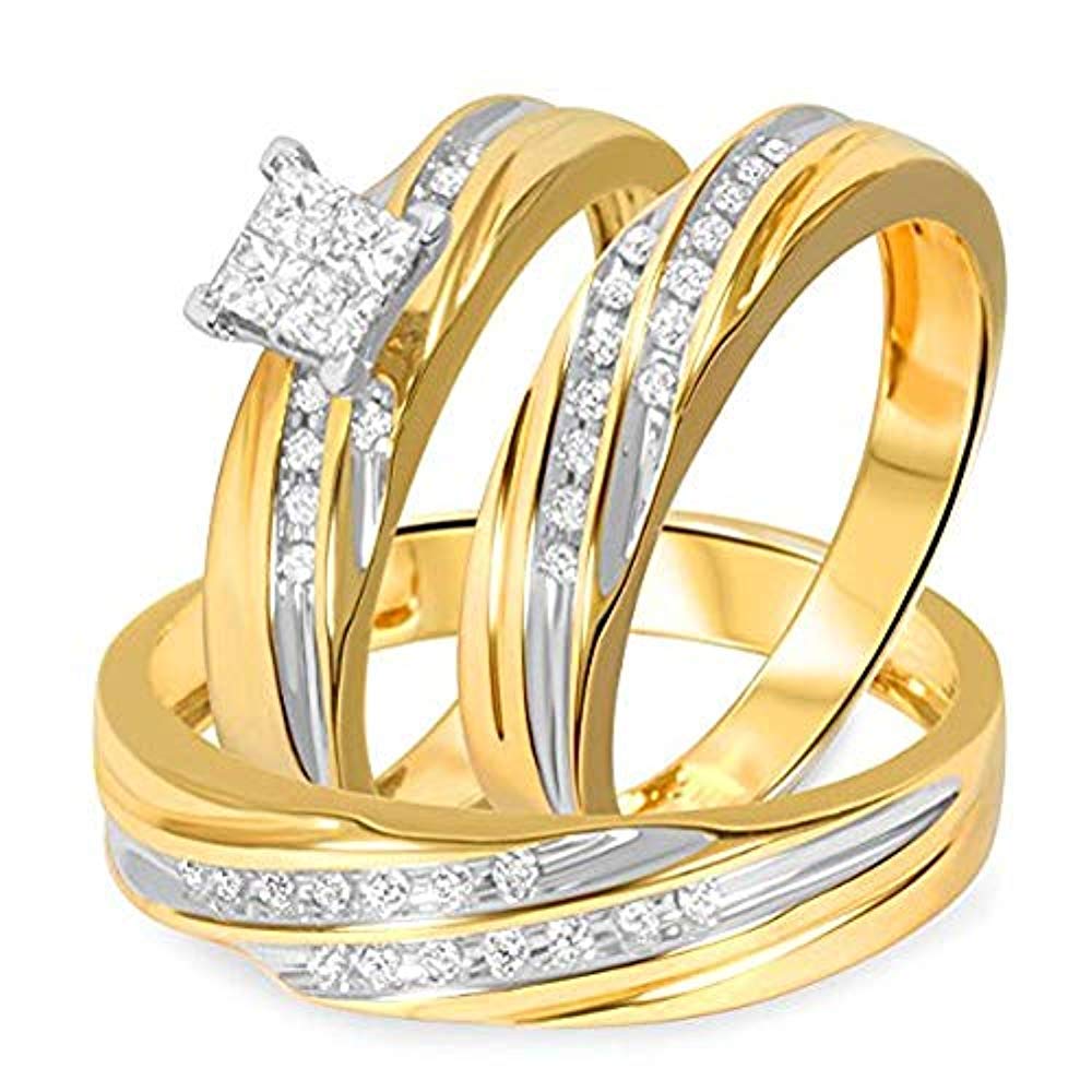 1/2 Ct Sim Diamond His & Her 3 Piece Trio Wedding Ring Set 14K Yellow Gold Plated