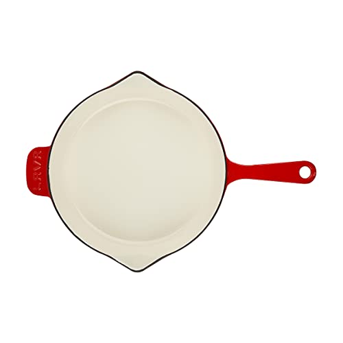 Lava Enameled Cast Iron Ceramic Skillet with Side Drip Spouts - 11 inch Round Frying Pan with White Ceramic Enamel Coated Interior - Edition Series (Red)