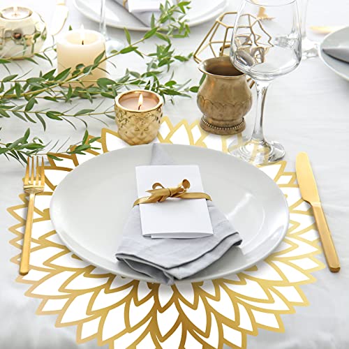 100 Pack Disposable Gold Metallic Round Paper Place Mats 13 Inch Laminated Paper Leaf Dining Table Decoration Pressed Paper Round Table Mates for Dining Table Wedding Home Decoration (Gold Bloom)