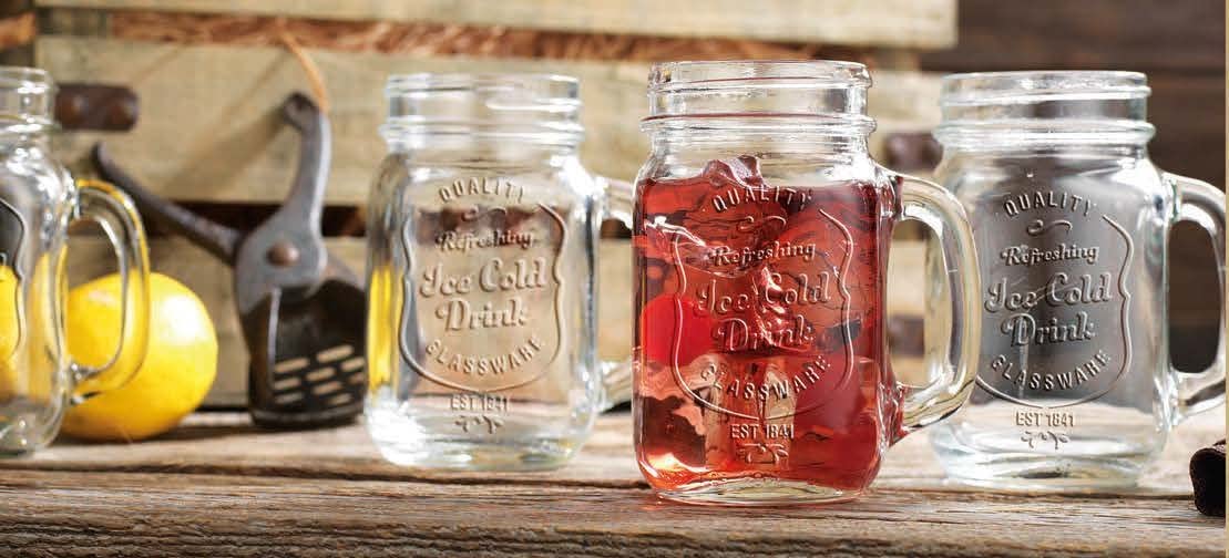 Glaver's Mason Drinking Jars β Set of 4, 16 Oz Clear Glass Jars β With Convenient Handle and Ice-Cold Embossed Logo β Ideal for Hot and Sunny Days β Perfect Glass Cups for Cold Drinks