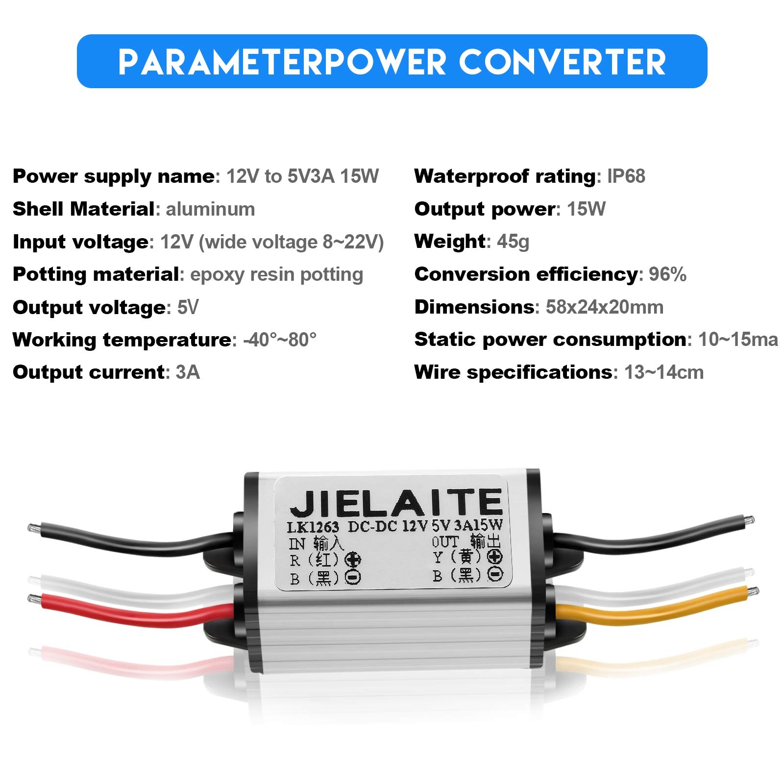 2 Pieces Car Power Converter Waterproof 12V to DC 5V Buck Voltage Regulators 3A 15W Voltage Converter Module for Car Truck Boat Solar System (Accept DC 8V - 22V Inputs)