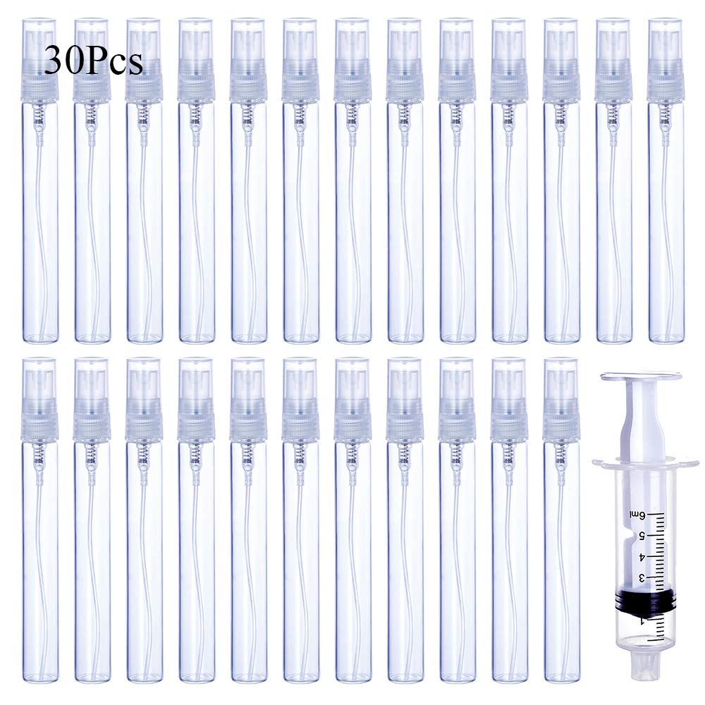 30Pcs 10ml/0.34 Oz Portable Refillable Clear Glass Empty Sprayer Perfume Bottles Cosmetic Atomizers Spray Bottle Container for Travel Party Must Makeup Tool (30Pcs 10ml Clear Glass Perfume Bottles)