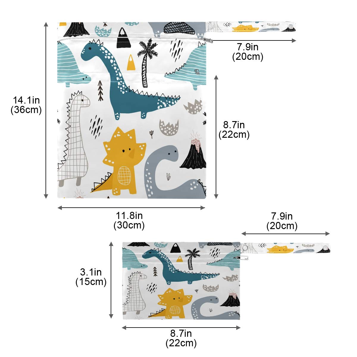 KEEPREAL 2Pcs Travel Wet and Dry Bag, Reusable Wet Bags Organizer with Two Zippered Pocket for Cloth Diaper, Swimsuit, Gym Clothes,Dino Scandinavian Style