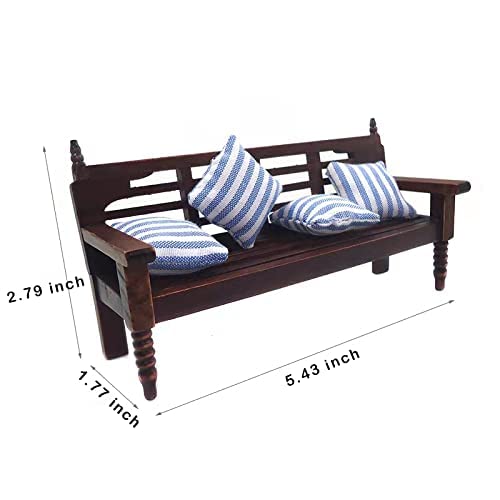 1:12 Miniature Bench Couch Sofa Vintage Wooden Recliner Chair with Cushions Mini House Furniture Accessories