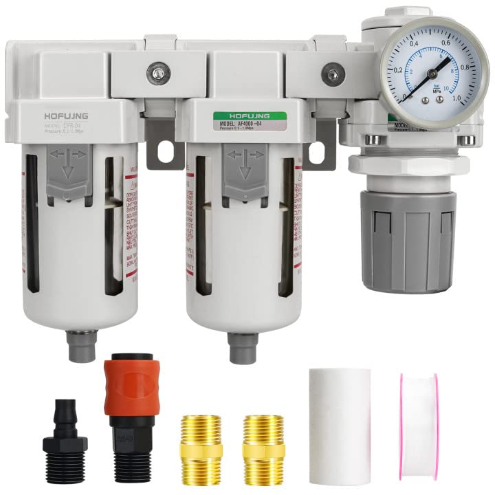 1/2" NPT Air Dryer System, 5 Micron Particulate Filter, 0.5&0.01 Micron Coalescing Filters, Air Pressure Regulator Combo, 0-150 psi Gauge, Semi-Auto Drain, Poly Bowl, Metal Bracket