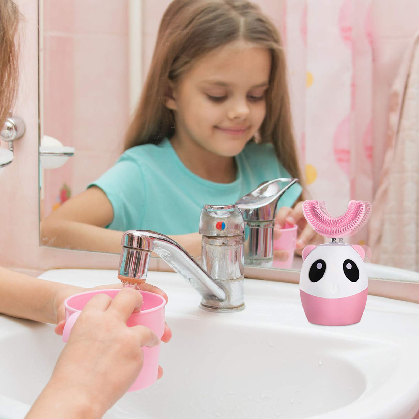 2 Pieces Kids U Shaped Electric Toothbrush, Ultrasonic Automatic Whitening Massage Toothbrush U-Type Cartoon Modeling Toothbrush with 4 Brush Heads for Sensitive Teeth Child 2-7 (Panda Style)