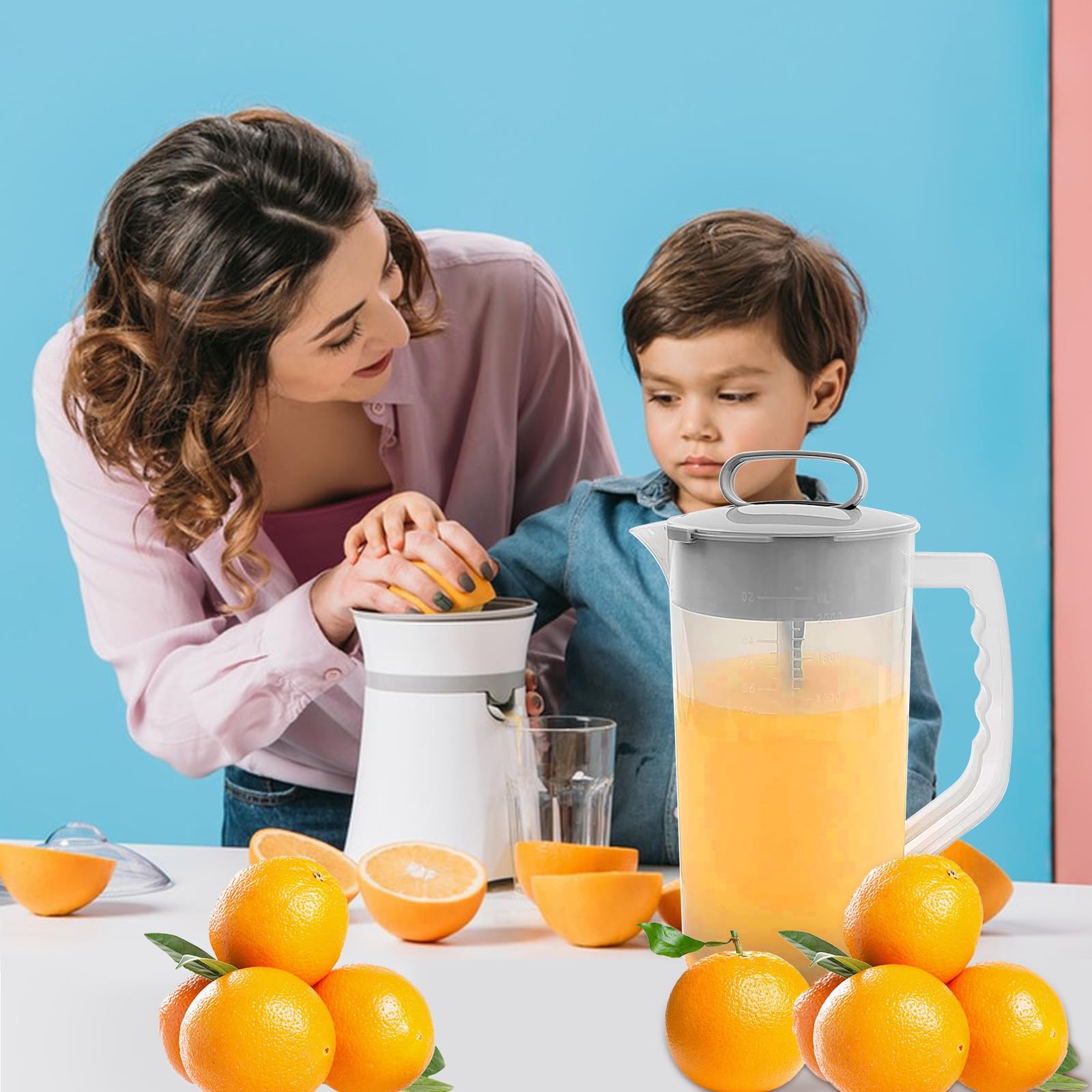 1 Pack Mixing Pitcher for Drinks 2 Quart/ 64oz Plastic Water Pitcher with Lid,Easy-Mix Juice Container,Angled Plastic Blades and Adjustable Mixer Plunger for Juice, Tea, Beverage Container
