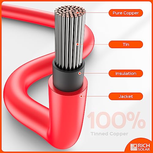 10 Gauge 10AWG One Pair 30 Feet Red + 30 Feet Black Solar Panel Extension Cable Wire with Female and Male Connectors+T Branch Connectors (30FT 10AWG+T2)