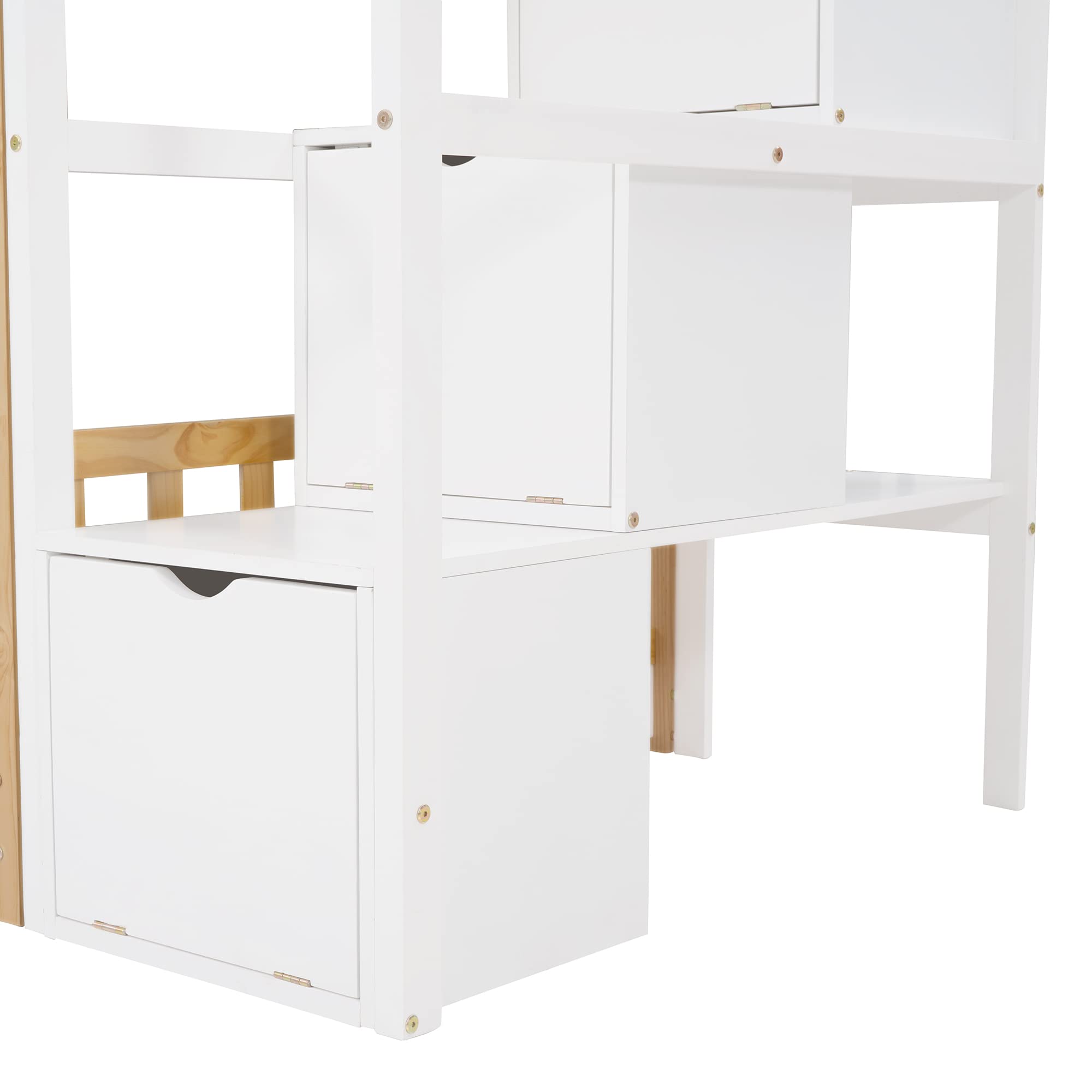 House Bed Bunk Beds with Stairs, Twin Over Twin Bunk Bed with Storage and Guard Rail, Floor Bunk Bed with Roof, Wood Bunk Bed Frame for Kids, Teens, No Box Spring Needed (Natural & White)