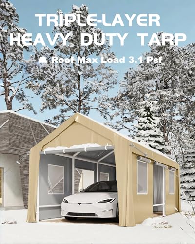 10'x20' Carport Windproof, Anti-High Wind Portable Garage, Reinforced Frames & 180 g PE Carport Canopy, with Front & Rear Doors, Shelter for Pickup, Boat, and Equipment, Khaki