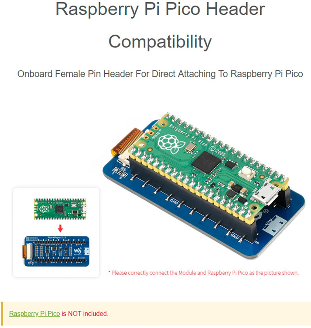 2.13inch E-Paper Display Module for Raspberry Pi Pico,250x122 Pixe E-Ink Black White Two-Color SPI Interface Paper-Like Effect Support Partial Refresh