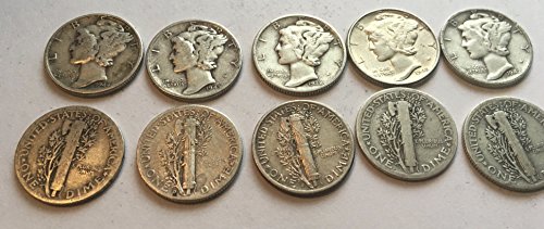 10 Silver Mercury Dimes 1916-1945 Choice Fine