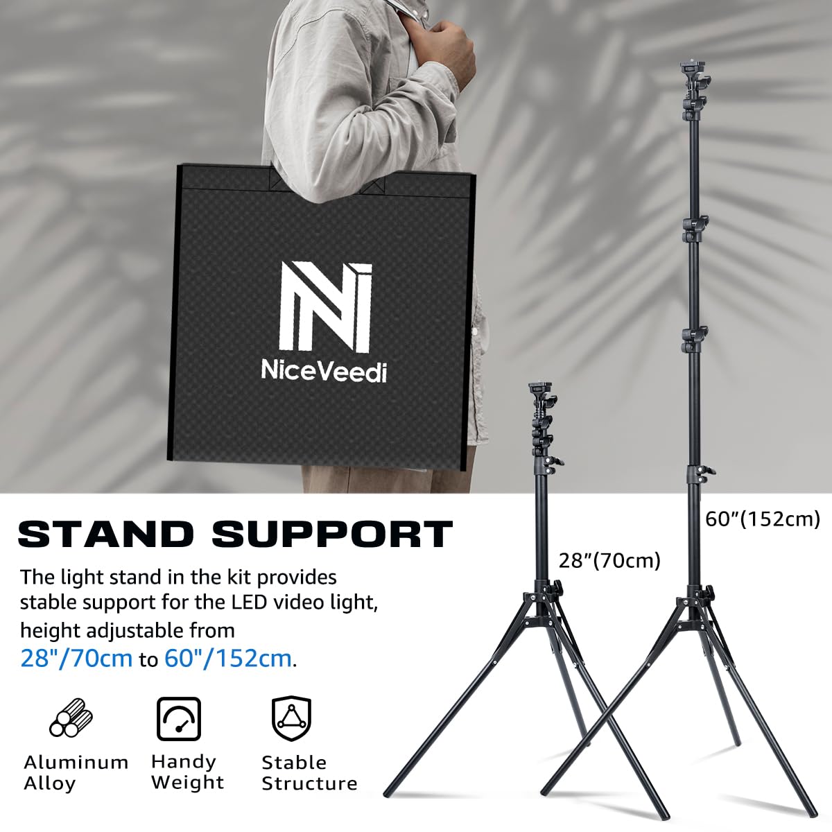 1-Pack LED Video Light Kit, NiceVeedi Photography Lighting Kit, 2800-6500K Dimmable Studio Light with Tripod Stand & Phone Holder, 73" Stream Light for Video Recording, Game Streaming, YouTube…