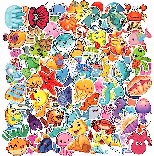100 Pcs Cute Cartoon Ocean Animal Stickers, Waterproof Vinyl Sea Life Sticker Pack, Stickers for Kids Water Bottles Laptop Phone Guitar Bike Teen and Girls