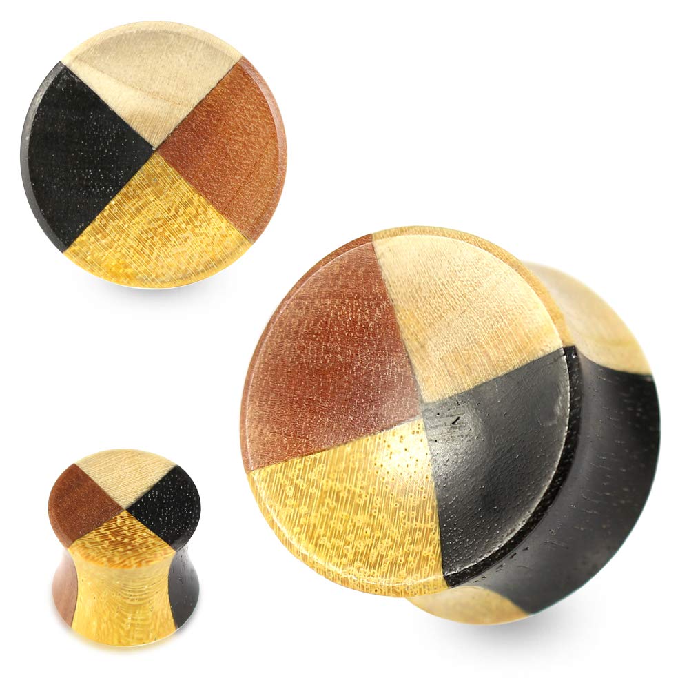 1/2 Inch (12MM) Double Flared Natural Organic Checker Teak, Black Iron, Crocodile and Saba Wood Convex Saddle Gauges Ear Plug Piercing Jewelry - Sold by Piece