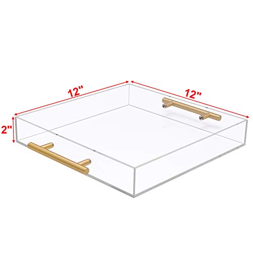 12x12 Clear Acrylic Serving Tray with Gold Handle, Clear Square Plastic Serving Tray Food Serving Tray for Breakfast Coffee Bread Kitchen Home Decor(12x12 inches)