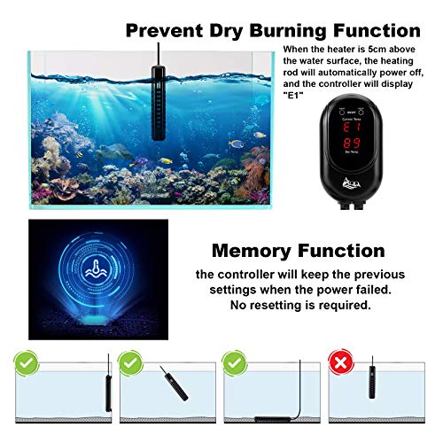 AQQA Submersible Aquarium Heater,100W/200W/300W/500W/800W/1200W Fish Tank Heater,External Temperature Controller LED Temperature Display with 2 Suction Cups Suitable for Saltwater and Freshwater