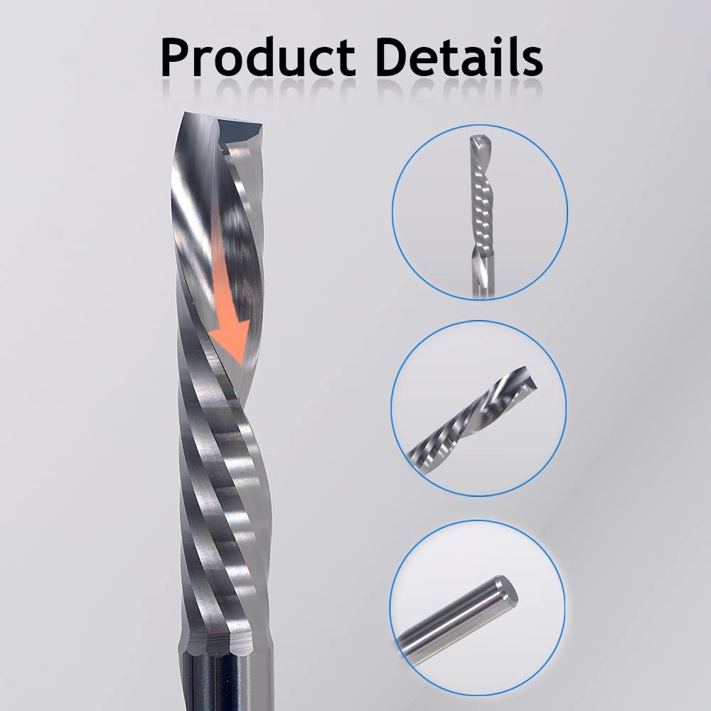 1/8 Inch Down Cut Single Flute (O Flute) Spiral End Mill CNC Router Bits ,with 1/8 Inch Cutting Dia,1 Inch Cutting Length for Acrylic PVC MDF Wood Pack of 5