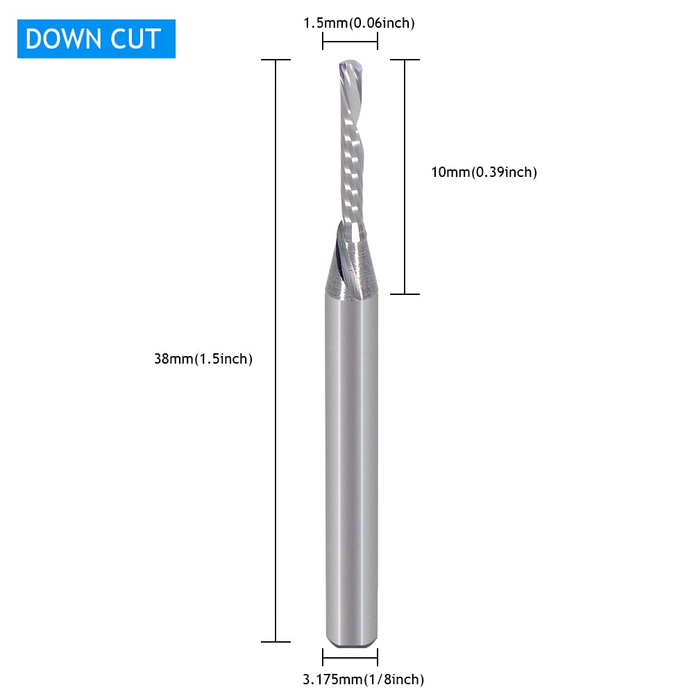 1/8 Inch Down Cut Single Flute (O Flute) Spiral End Mill CNC Router Bits ,with 1/16 Inch Cutting Dia,25/64 Inch Cutting Length for Acrylic PVC MDF Wood Pack of 5 (3.175*1.5*10mm)