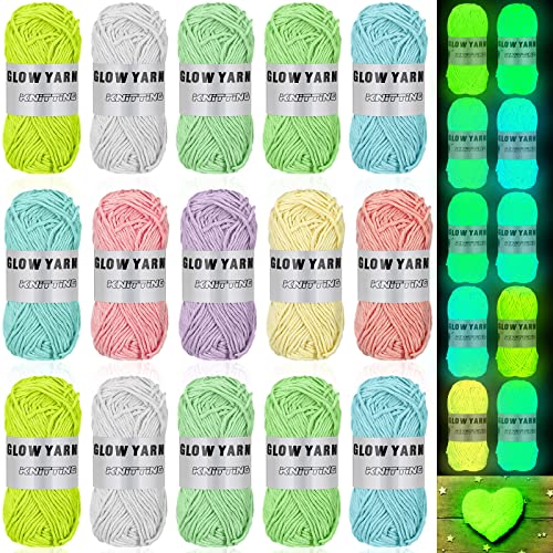 15 Rolls Glow in The Dark Yarn Luminous Knitting Crochet Yarn for Crocheting DIY Glow Fingering Weight Yarn for DIY Arts Crafts Sewing Glow in The Dark Party Supplies, 820 yd Roll (Bright Color)