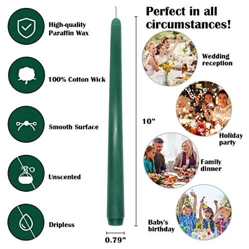 10 Inches Green Unscented Taper Candles for Spring and St. Patrick's Day, 12 Pcs 7/8 Inch Thin Candle Sticks for Dinner, Party, Christmas, Home Decoration and Emergency