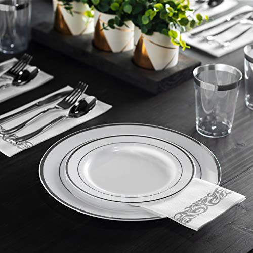 100 Piece Plastic Party Plates White Silver Rim, 50 Premium Heavy Duty 10.25 Inch Dinner and Disposable 7.5 Dessert Appetizer Elegant Fancy Wedding