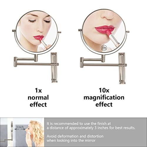 10 times magnification makeup mirror, wall-mounted makeup mirror can be moved up and down 8-inch bathroom double-sided mirror 360-degree rotation, 180-degree retractable folding brushed nickel