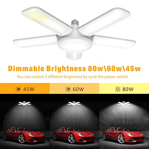 80W LED Garage Lights 2 Pack - 8000LM Deformable & Dimmable LED Garage Ceiling Lights 6500K LED Shop Light with 5 Adjustable Panels, LED Garage Lights for Warehouse Workshop Basement Lights
