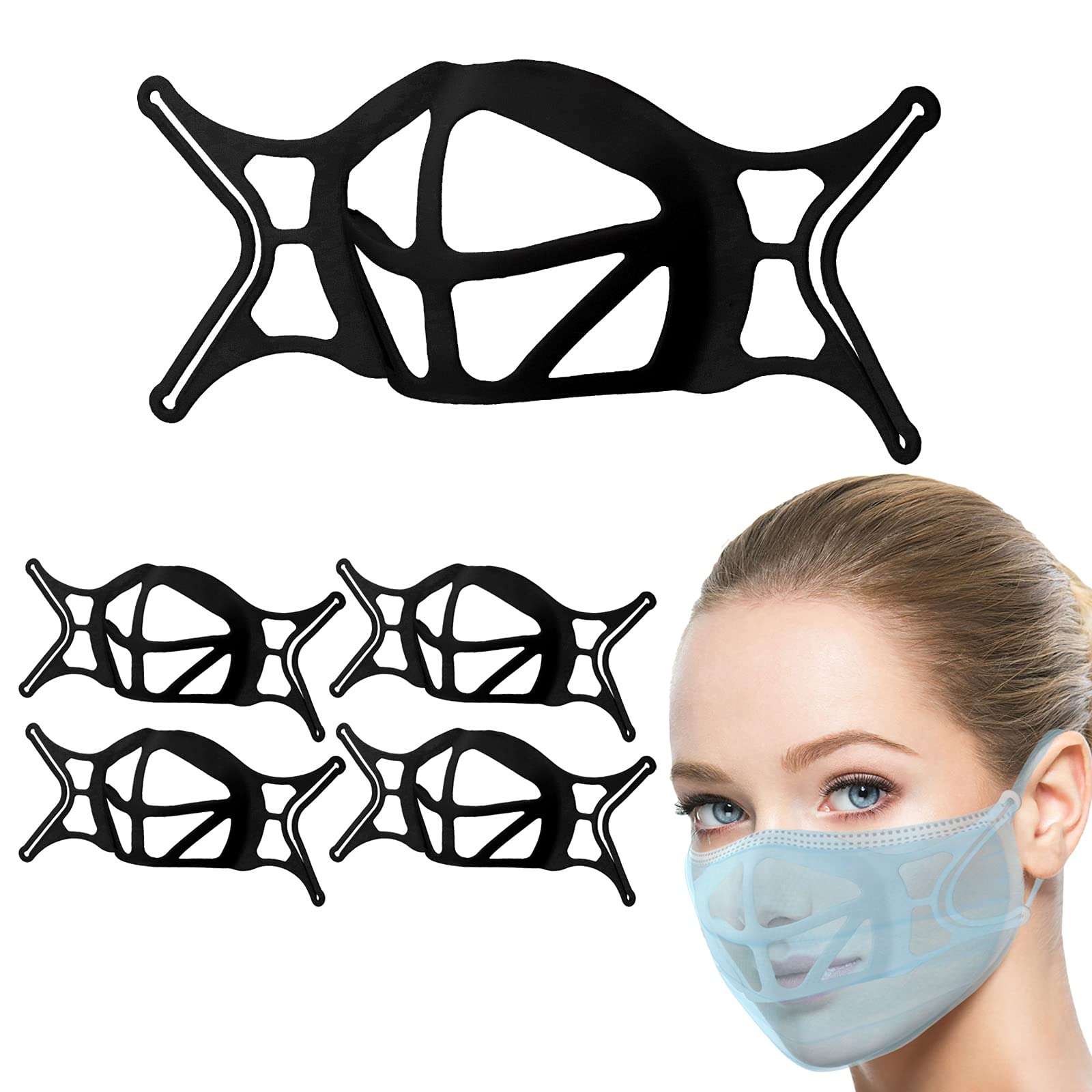 Upgraded 3D Silicone Face Mask Bracket with Earloops,Breathe Cup Turtle Shape,Cool Insert for More Breathing Room,Inner Support Frame,Breathable Spacer Keep Fabric Off,Lipstick Protector(Black,5PCS)
