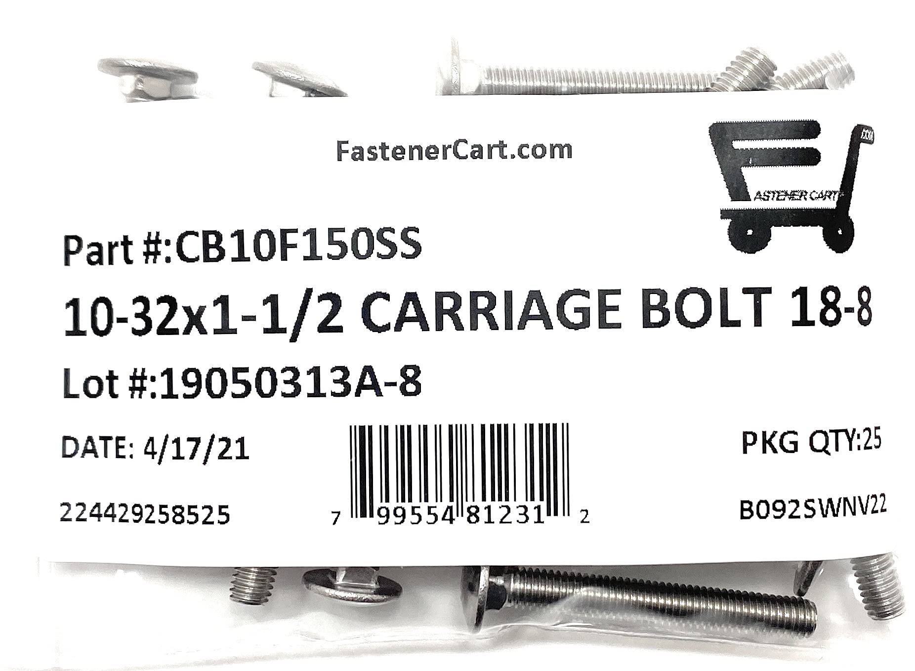 10-32 x 1-1/2 Carriage Bolts Stainless Steel 18-8 Fine Thread UNF (25 Pieces)