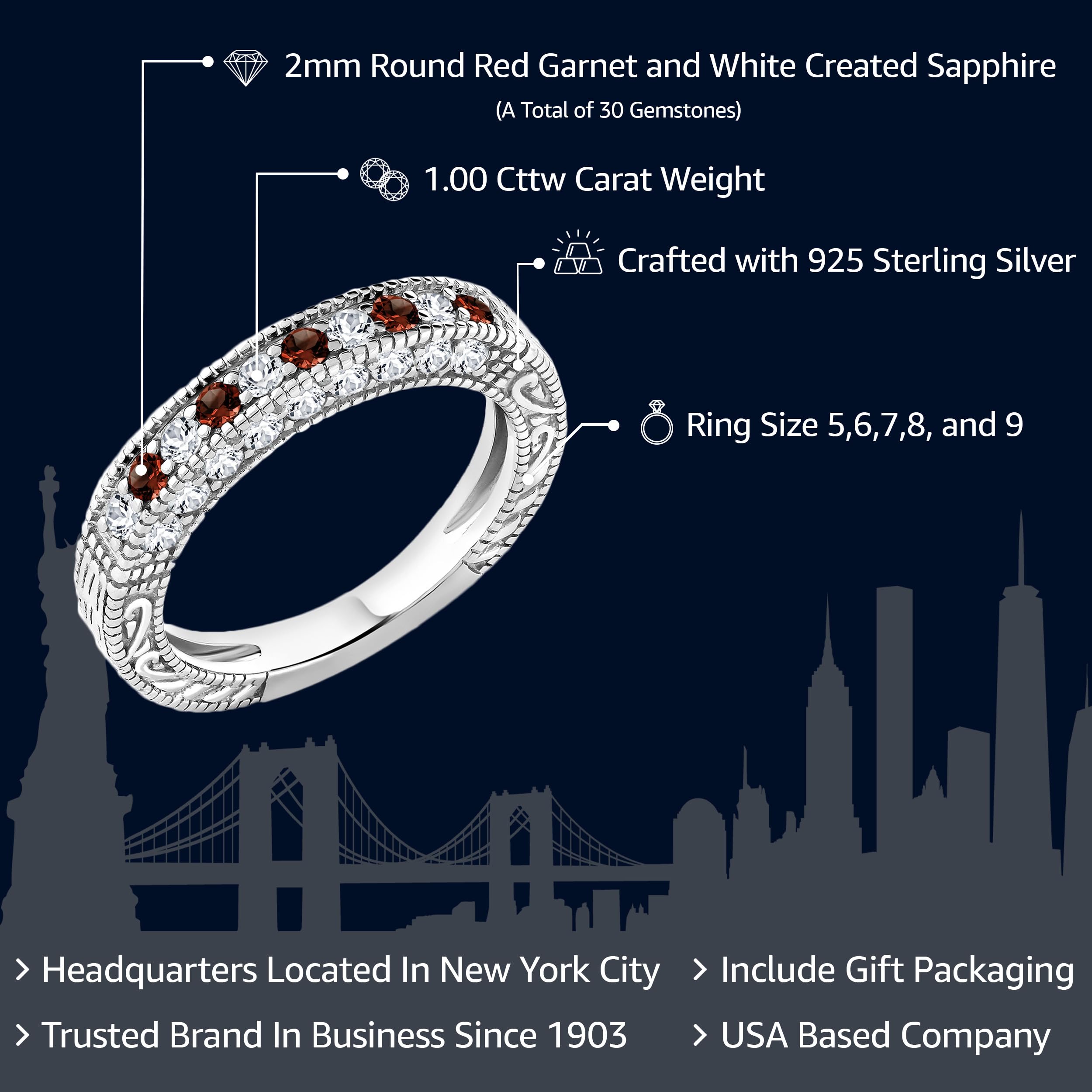 1.00 Ct Garnet and White Created Sapphire 925 Sterling Silver Ladies Anniversary Wedding Band Ring,Red and White, ring size 7
