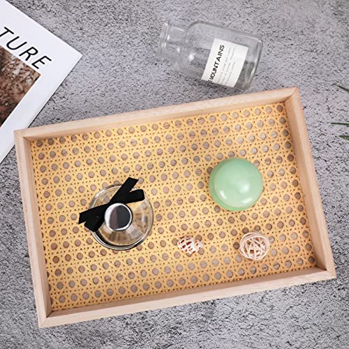 15 x 10 in Rectangle Decorative Tray with Imitated Rattan Handmade, Ottoman Tray, Boho Serving Tray, Basket Serving Tray with Wooden Frame for Coffee, Breakfast, Food, Drink