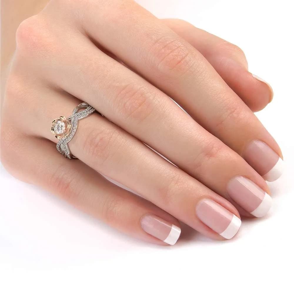 1.8 Ct Round Cut White Diamonds Flower Leaf Twisted Band Two Tone Bridal Wedding Ring Set, 925 Sterling Silver Rhodium Plated (7, Two Tone Finish)