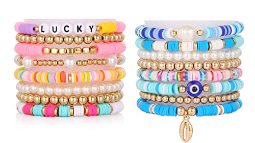 16Pcs Preppy Beaded Bracelets Set for Women Teen Girls,Colorful Heishi Clay Bead Bracelets Stackable Stretch Bracelet Gold Beaded Evil Eye Pearl Shell Summer Beach Surfer Boho Bracelets Aesthetic Y2K