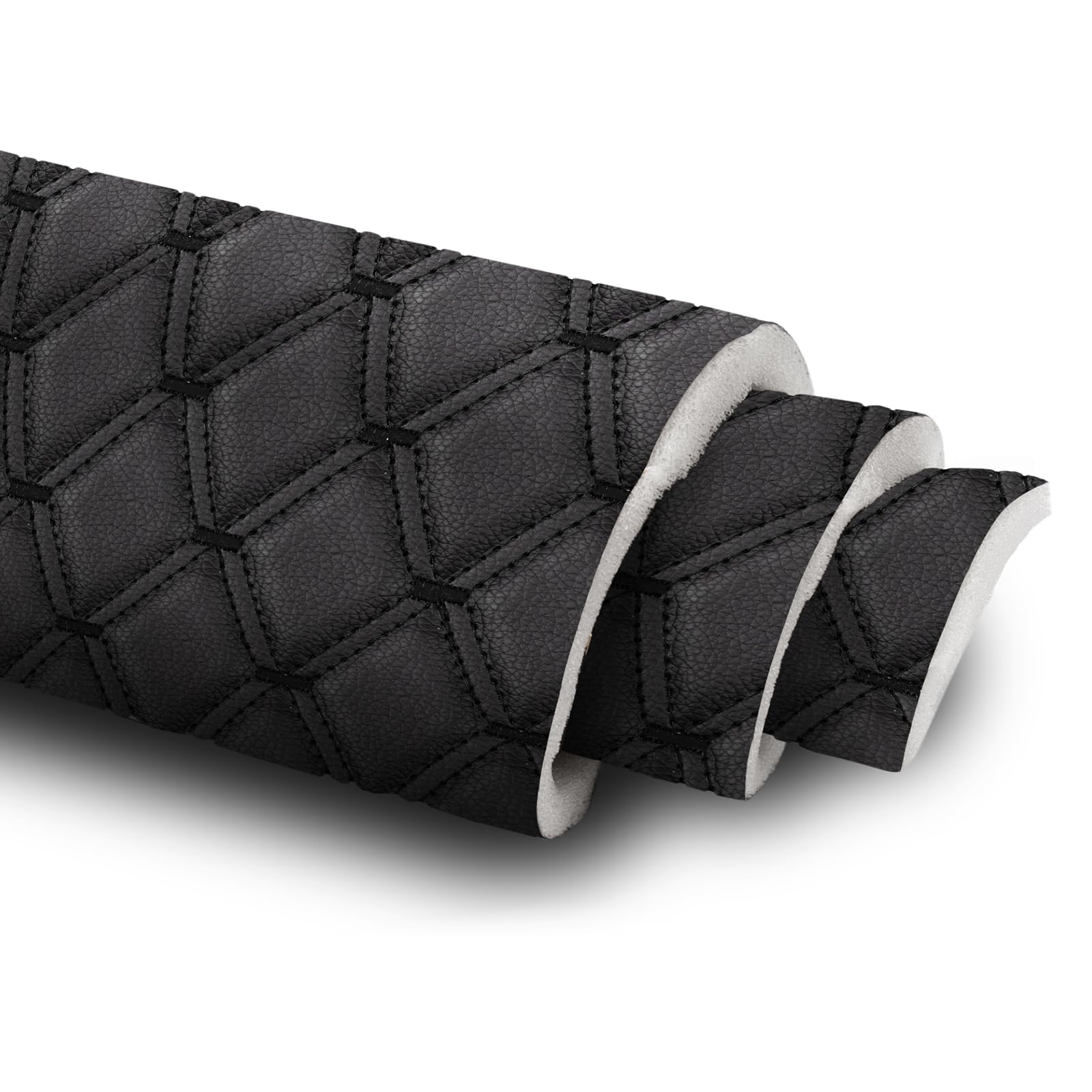 1 Yard Vinyl Faux Leather Quilted Fabric with 0.27" Foam Backed,63"Wide Leather Material for DIY Upholstery,1.9"×2.7"Diamonds Pattern,Black(Black Thread)
