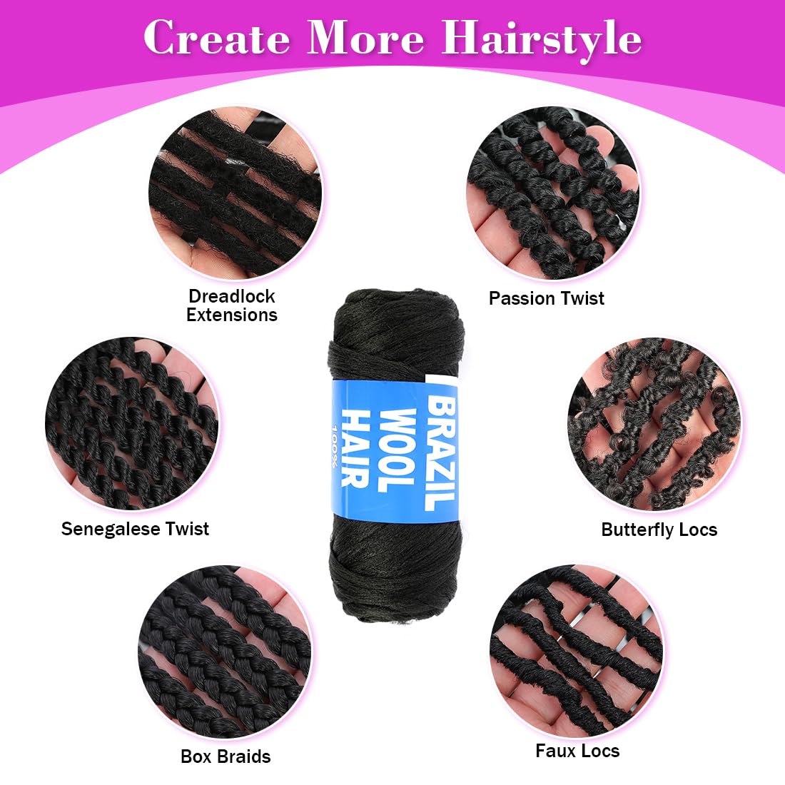 100% Brazilian Wool Hair Acrylic Yarn for African Braids/Senegalese Twist/Faux Locs/Wraps with Crochet Hook(4 Roll, Natural Black)