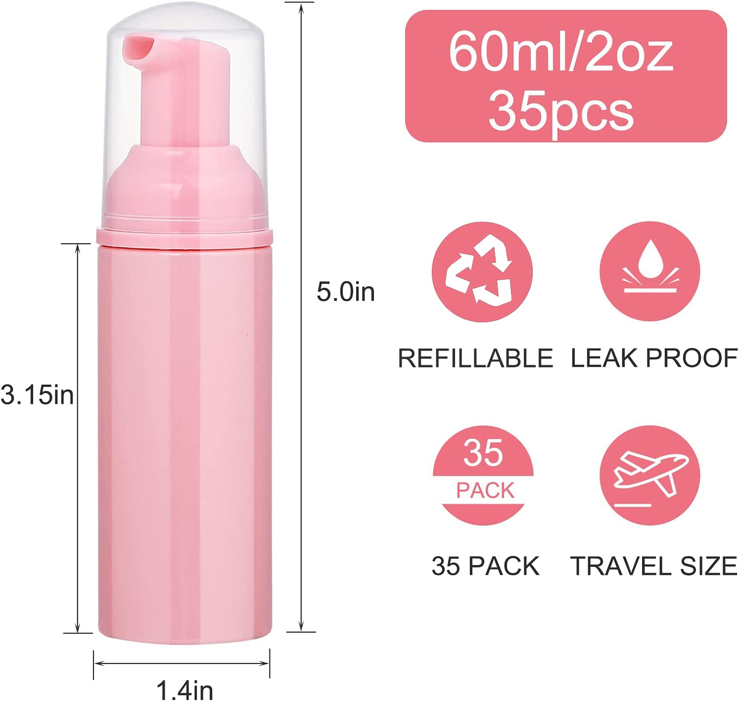 35 pcs 2oz (60ml) Foam Soap Dispensers Mini Plastic Refillable Travel Bottles with Pump for Hand Sanitizer Lash Shampoo Castile Liquid Pink