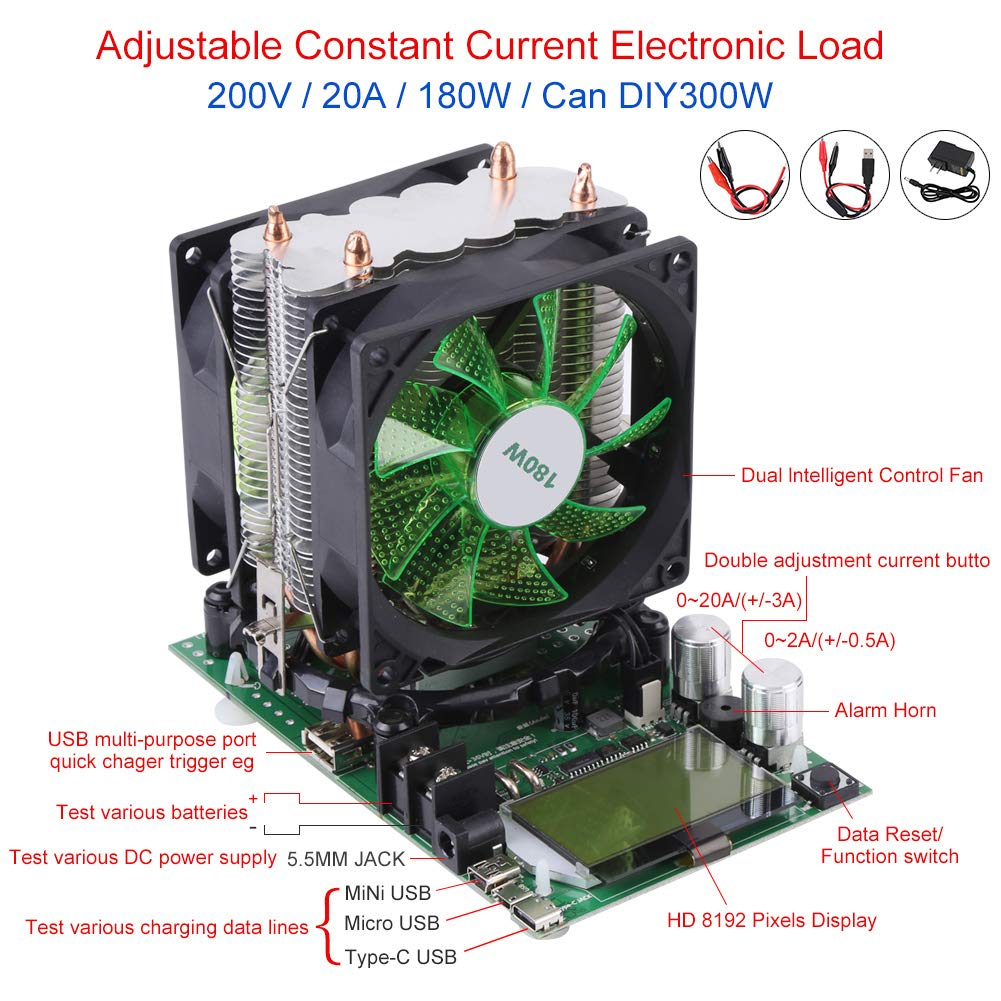180W Constant Current Electronic Load,200V 20A Battery Tester Discharge Capacity for Electronic Constant Current Load, USB Tester and Cable Detector